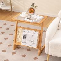 China Natural Color Z-Shaped Bamboo And Rattan End Table With Glass Top And Magazine Rack for sale