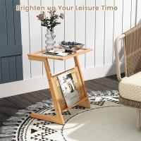 China Natural Color Z-Shaped Bamboo And Rattan End Table With Glass Top And Magazine Rack for sale