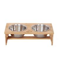 China Hollow Pattern Bamboo PET Feeder Stand Stainless Steel Bowls for Dog for sale