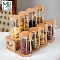 China Wholesale 10 OZ Small Glass Jars set For Tea Coffee Beans Candy With Bamboo Lids And Spoons for sale