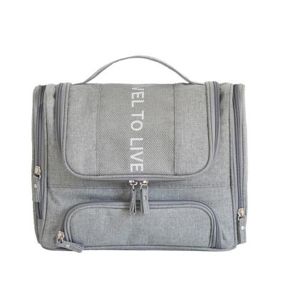 China Gray Hanging Toiletry Bag Makeup Organizer Travel Kit with Hook 2 Zippered Pockets for sale