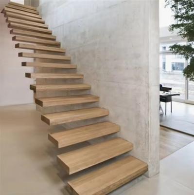China Modern Design Customized Floating Wooden Staircase with Safety Glass Railing for sale