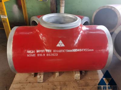 China Red ASME B16.9 A234 WP91 Unequal Tee Threaded Reducing Tee 560x75mm for sale
