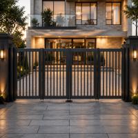 China Louvered Panel Electric Bifold Gate Aluminum Alloy Foldable Gate for Apartment Hotel Entrance Gardens Automatic Folding Gates for sale