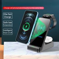 China 3 In1 Fast Qi Wireless Charger Holder 15w Magnetic Charger for Mobile Phone Iwatch Custom Led Logo and 5V/2A Output for sale
