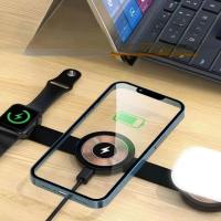 China 15w Multifunction 3 in 1 Wireless Charger Pad 2024 PU Magnetic Portable Foldable Charger with 12V/1.25A Output for sale