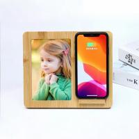 China New Style Fast Charging Desktop Bamboo Wireless Charger With Photo Frame 2 in 1 Wireless Charging Phone Holder for sale