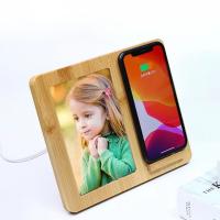 China New Style Fast Charging Desktop Bamboo Wireless Charger With Photo Frame 2 in 1 Wireless Charging Phone Holder for sale