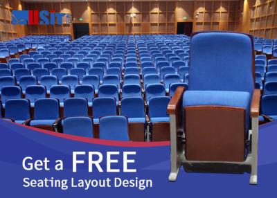 China Multi Seat Cinema Hall Chair Wood Armrest Padded Fabric Blue 580mm Center for sale
