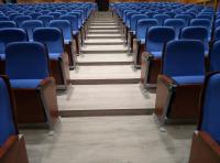 China Multi Seat Cinema Hall Chair Wood Armrest Padded Fabric Blue 580mm Center for sale