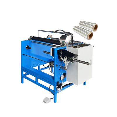 China 350 KG Manual Stretch Film Roll Rewinder Single Spindle Aluminum Foil Slitting And Rewinding Machine for sale