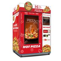 China 55-inch touchscreen pizza vending machine with heating and baking system, featuring an LED lightbox on the top of the pizza machine for sale