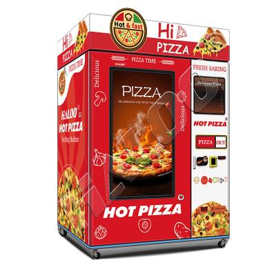 China 55-inch touchscreen pizza vending machine with heating and baking system, featuring an LED lightbox on the top of the pizza machine for sale