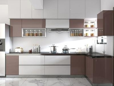 China L Shape 5M High Glossy Finish Modular Kitchen Cabinets With Counter Top And Wall Cabinet for sale