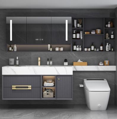China Slate Integrated Bathroom Wash Basin Cabinet Dark Plywood High End for sale