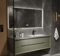 China Brown Wash Basin Bathroom Cabinet Matte Melamine Door Rectangular LED Mirror for sale