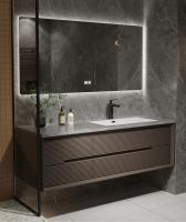 China Brown Wash Basin Bathroom Cabinet Matte Melamine Door Rectangular LED Mirror for sale