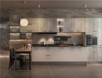 China Varnish Solid Plywood Kitchen Cabinets Wood Grain Quartz Stone Countertop for sale