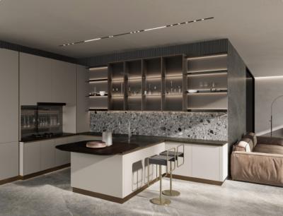 China Luxurious Plywood Modern Modular Kitchen Cabinets PET Door Panel for sale
