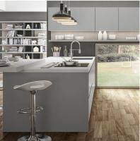 China Modern Counter Kitchen Cabinets Built In Handle Grey Plywood PET Door Panel for sale