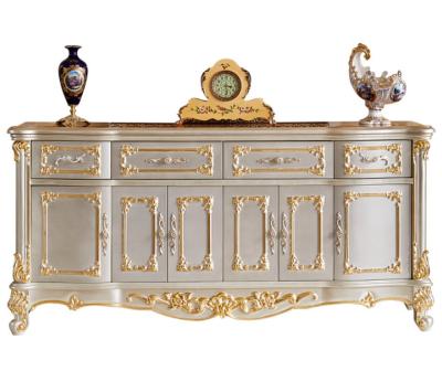China Luxury Living Room TV Shelves HDF Lacquer Antique Gold Carved Floor Cabinet for sale