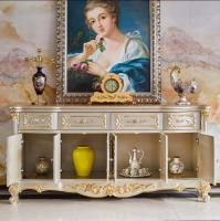 China Luxury Living Room TV Shelves HDF Lacquer Antique Gold Carved Floor Cabinet for sale
