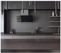 China Young Man Style Black Color Kitchen Cabinets Built In Handle Quartz Stone Countertop for sale