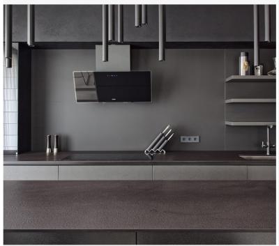 China Young Man Style Black Color Kitchen Cabinets Built In Handle Quartz Stone Countertop for sale
