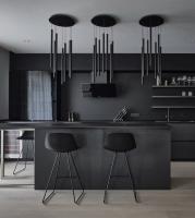 China Young Man Style Black Color Kitchen Cabinets Built In Handle Quartz Stone Countertop for sale