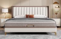 China Light Luxury Modern Bedroom Furniture Top Layer Cowhide Upholstered Double Bed 1.8 Meters for sale