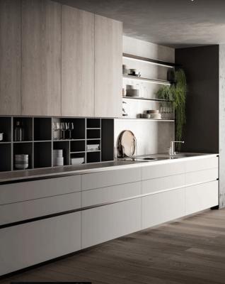 China Wood Grain White Modern Modular Kitchen Cabinets L Shape Custom Pantry Unit for sale