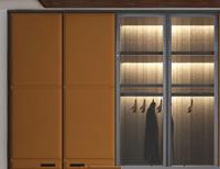 China Senior Design Walk In Closet Wardrobe Leather Glass Door Line Shape With Island for sale