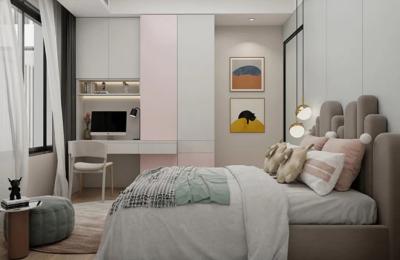China Warm Girl Pink Bedroom Wardrobe Closets With Desk And Open Door for sale