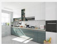 China Luxury Green Custom Built Kitchen Cabinets L Shape Up With Stone Top for sale