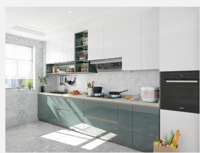 China Luxury Green Custom Built Kitchen Cabinets L Shape Up With Stone Top for sale