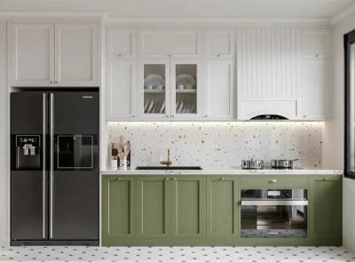 China Light Green Solid Wood Kitchen Cabinets Island Shape Customization for sale