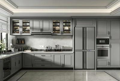China villa Standard Custom Made Modern Grey Kitchen Cabinets With Island Solid Wood for sale