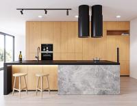 China Modern Modular Kitchen cabinets with Island bar and black quartz stone countertop for sale
