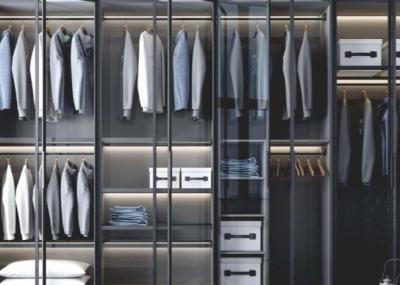 China 3M Sliding Glass Door Wardrobe Walk In Closet Grey Temepered Glass With Particle Board for sale