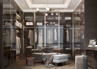 China Blum 6x8 Walnut Walk In Closet Wardrobe Design With Glass Door Lighting SGS for sale