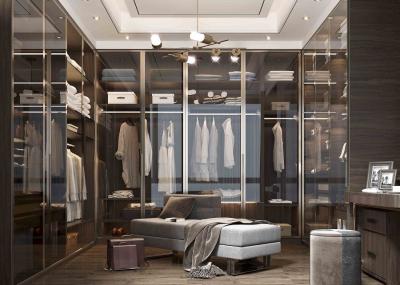 China Blum 6x8 Walnut Walk In Closet Wardrobe Design With Glass Door Lighting SGS for sale