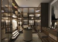 China Blum 6x8 Walnut Walk In Closet Wardrobe Design With Glass Door Lighting SGS for sale