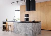 China Modern Modular Kitchen cabinets with Island bar and black quartz stone countertop for sale