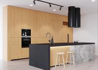 China Modern Modular Kitchen cabinets with Island bar and black quartz stone countertop for sale