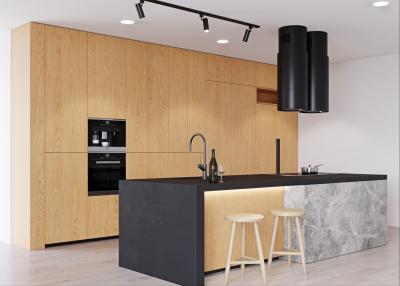 China Modern Modular Kitchen cabinets with Island bar and black quartz stone countertop for sale