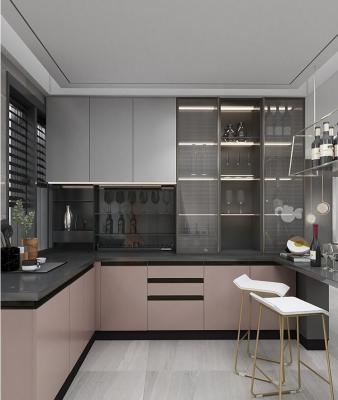 China L shape Modern Modular Kitchen cabinet in Lacquer paiting finished quartz stone for sale