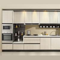 China Luxury  Primery Solid Wood Kitchen Cabinets In L Shape And With Tall Cabinet for sale
