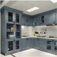 China Modern Modular Kitchen Cabinets With Glass Door Upper Cabinet And Light Blue Color Finish for sale