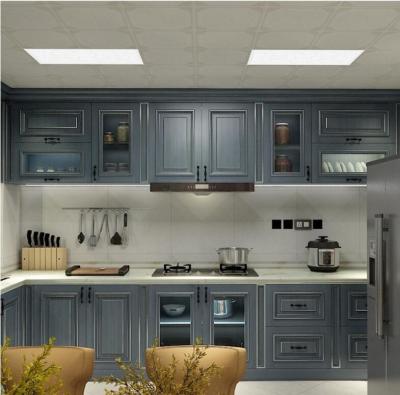 China Modern Modular Kitchen Cabinets With Glass Door Upper Cabinet And Light Blue Color Finish for sale