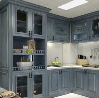 China Modern Modular Kitchen Cabinets With Glass Door Upper Cabinet And Light Blue Color Finish for sale